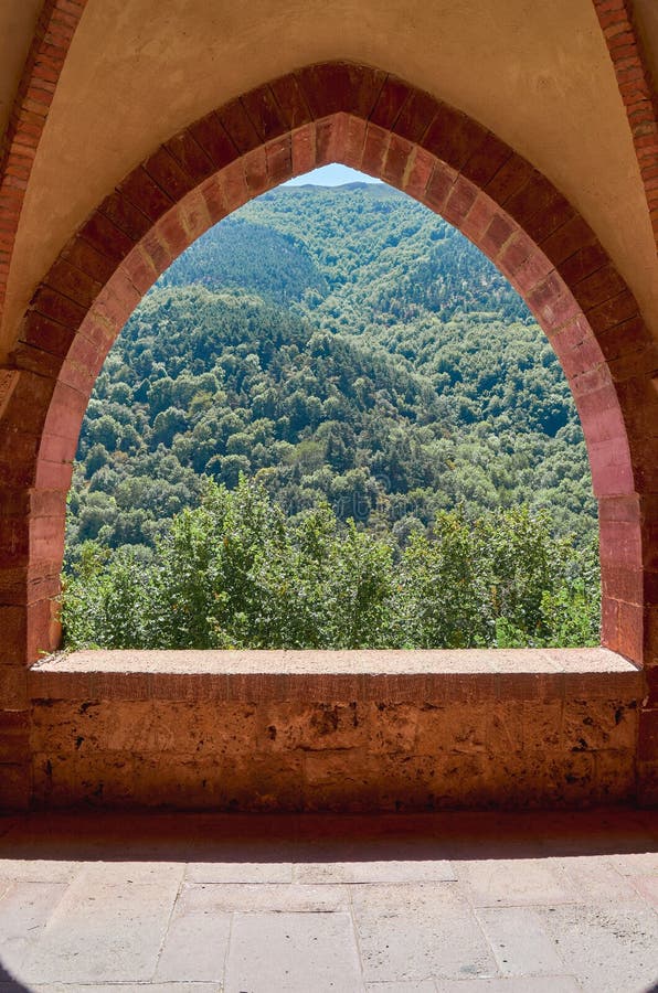Window in the Vaults of a Mountain Abbey with Green Forest Stock Image ...