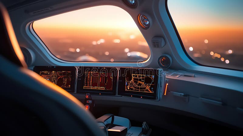 Window View of the Aircraft Control Room, Cockpit during Flight with Ai ...