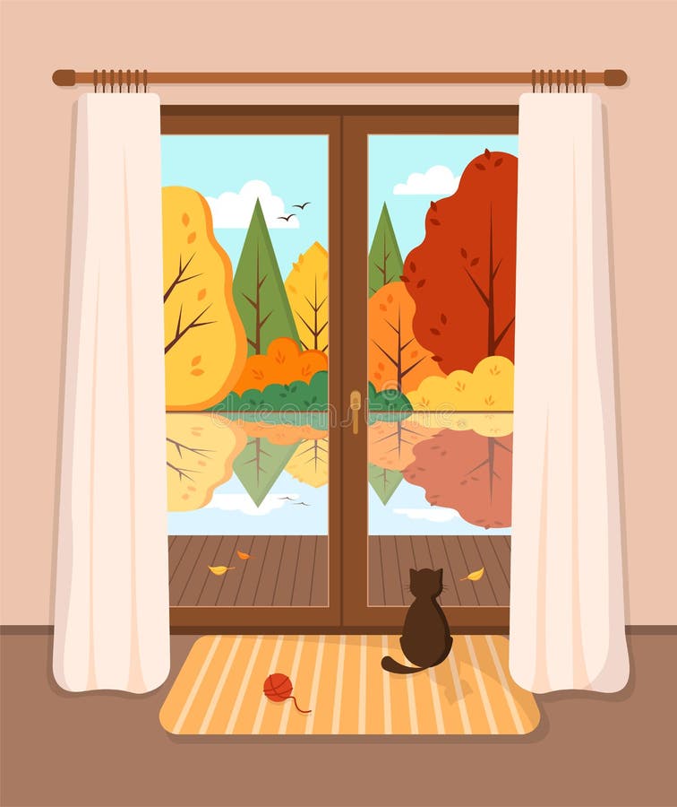 Window View of the Autumn Landscape. Cute Vector Illustration in a Flat ...