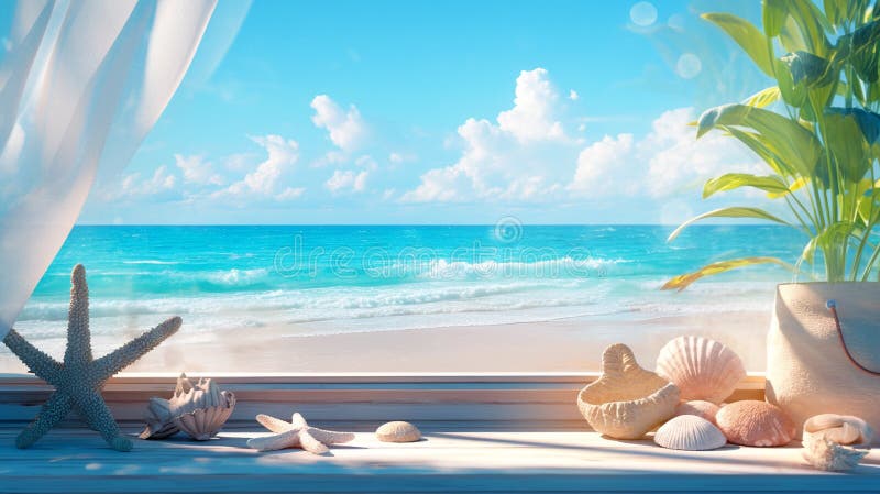 Beach View from Window with Seashells Stock Illustration - Illustration ...