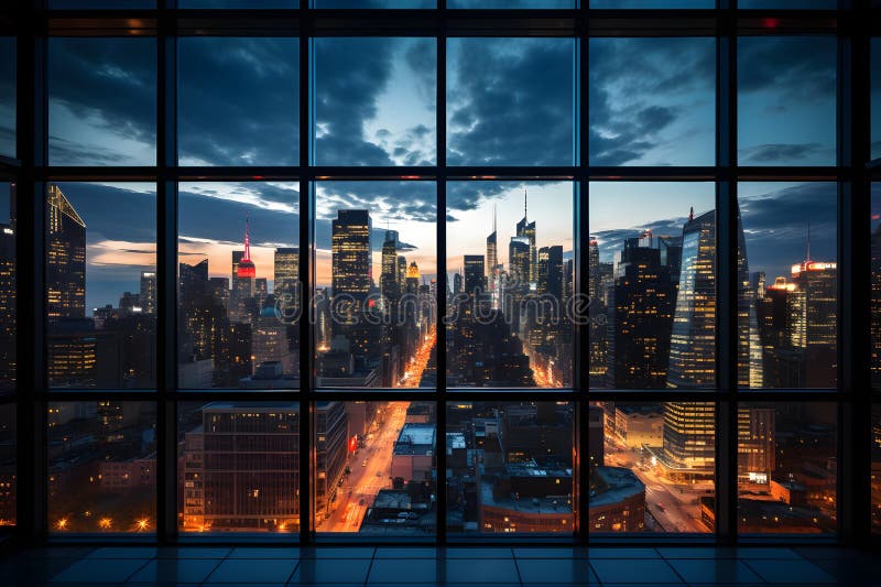 A Window View of a City at Night.Window View from Metal Window . Stock ...