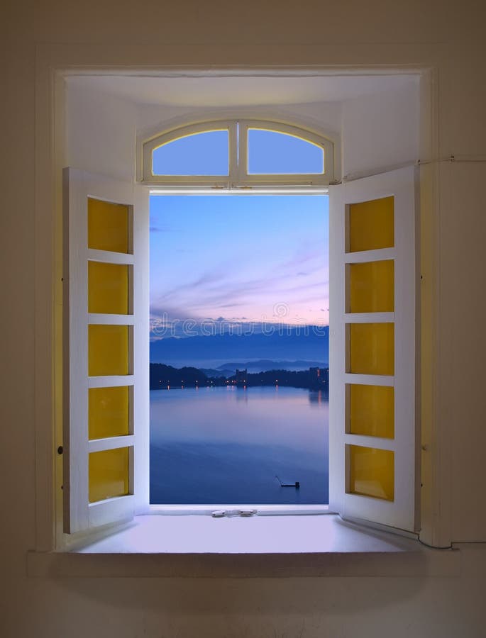 Window View of Dawn at the Sun Moon Stock Image - Image of peaceful ...