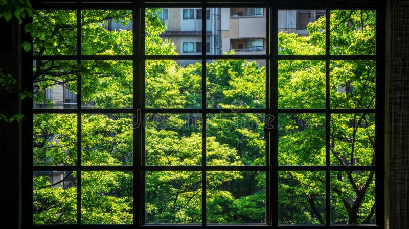 A Window View Featuring Verdant Trees and Structures Stock Photo ...