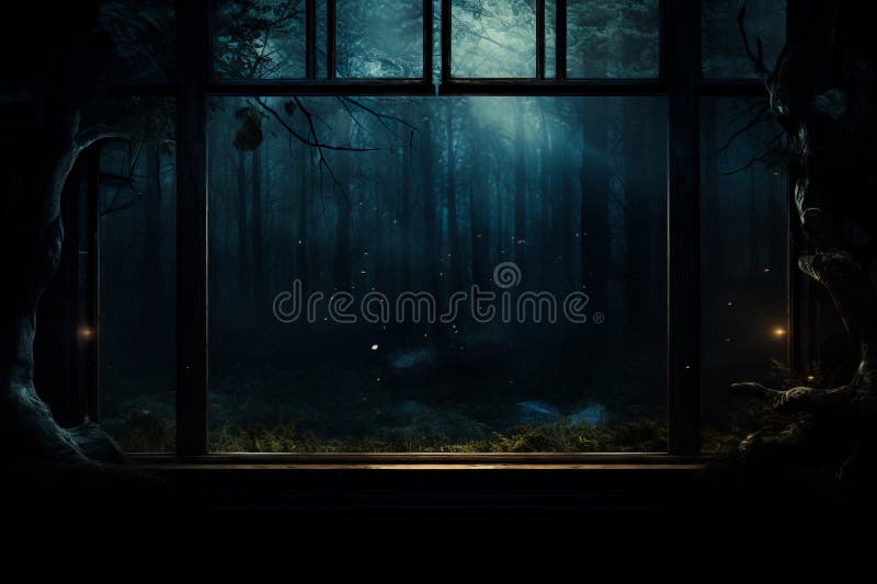 Window with View of Forest Outside of it at Night. Generative AI Stock ...