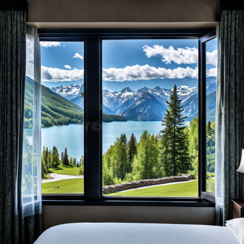 A Window View of Lake and Mountains with Curtains Stock Photo - Image ...