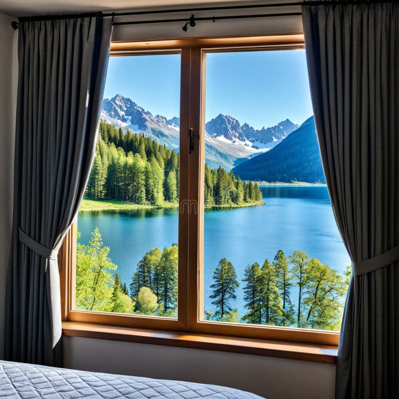 A Window View of Lake and Mountains with Curtains Stock Image - Image ...