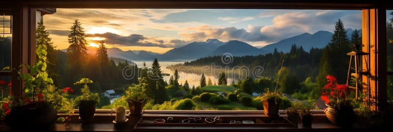 A Window with a View of a Lake and Mountains.Window View from Wooden ...