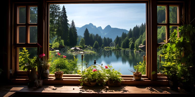 A Window with a View of a Lake and Mountains.Window View from Wooden ...