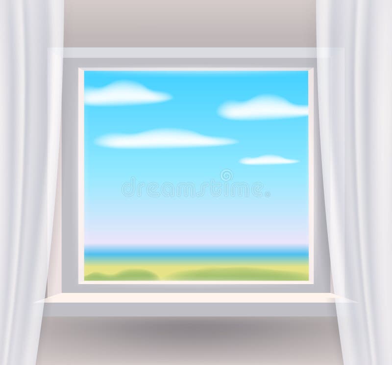 Window, View on Landscape, Spring, Interior, Curtains. Vector ...