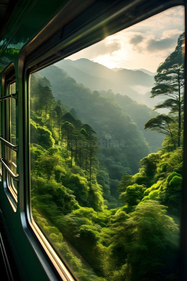 A Window View of a Lush Green Forest.Window View from Train Window ...