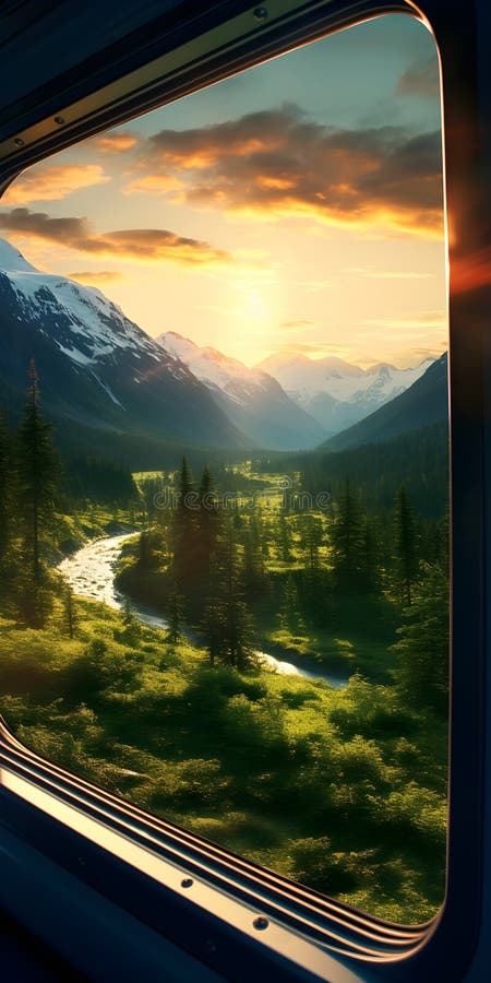 A Window View of a Mountain Valley and a River.Window View from Train ...