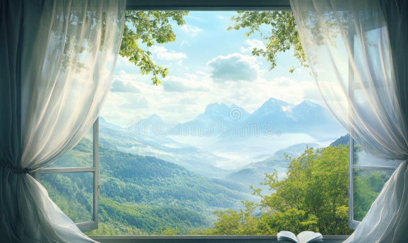 Window View of Mountains with Curtains and Trees Stock Illustration ...