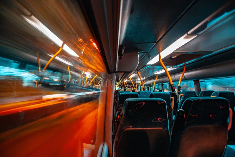 Window View of a Moving Bus at Night City. Blurry Lights of Lanterns ...