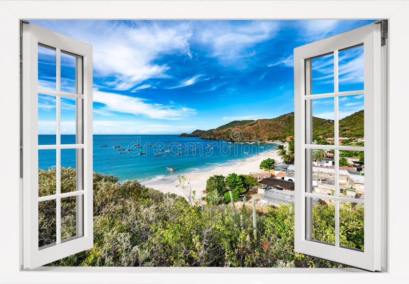 Window with a View of the Ocean and Mountains Stock Image - Image of ...