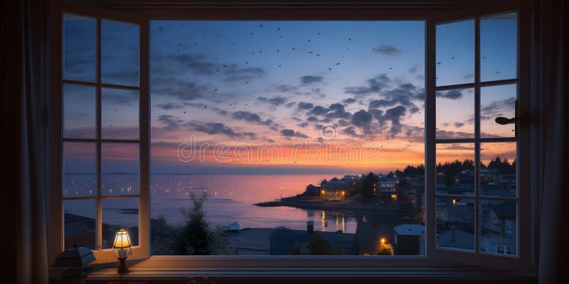 A Window with a View of the Ocean at Sunset.Window View from Closed ...