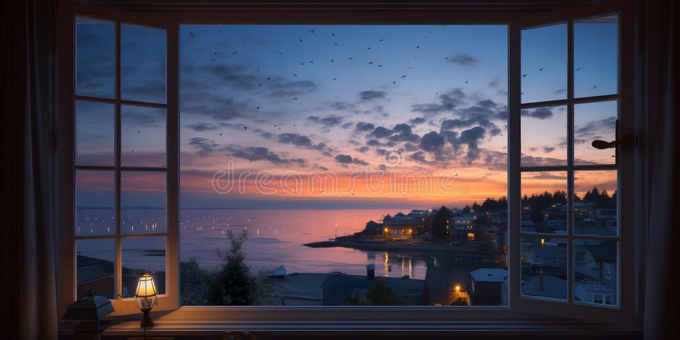 A Window with a View of the Ocean at Sunset.Window View from Closed ...