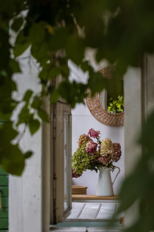 A Window View from the Outside of the Dry Hydrangea Flowers on the ...