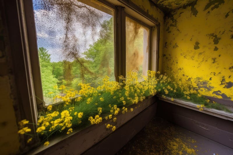 Window, with View of the Outside World, Covered in Pollen and ...