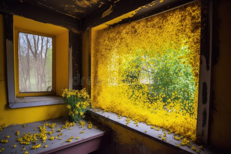 Window, with View of the Outside World, Covered in Pollen and ...