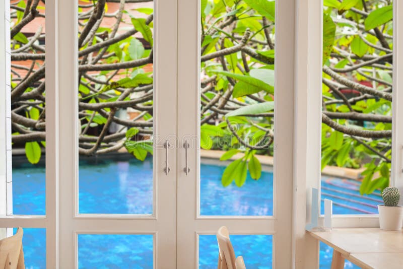 Window with a View of the Pool Stock Photo - Image of antique, floor ...