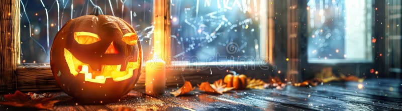 Window with a View of the Rain and Two Pumpkins with Candles Lit Inside ...