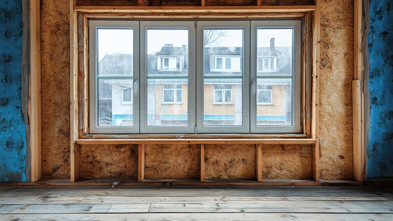 Window View in Room with Insulation and Wooden Framing, Showcasing ...
