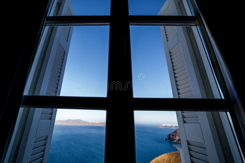 Window with View of Sea , Santorini, Greece. Magnificent Landscape ...