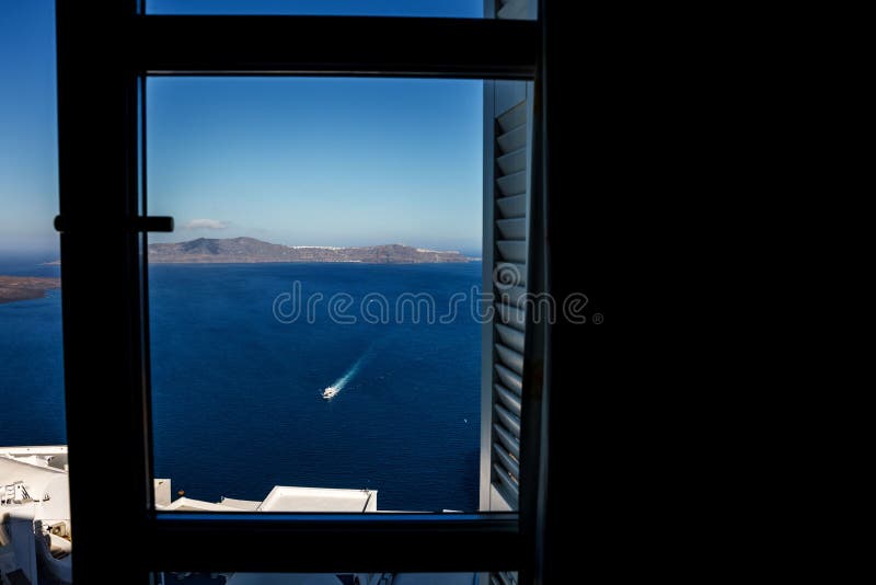 Window with View of Sea , Santorini, Greece. Magnificent Landscape ...