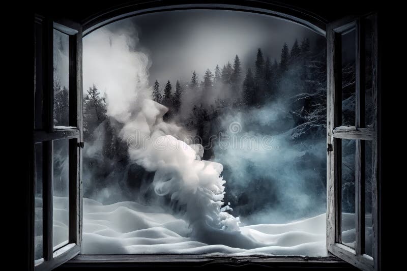Window with a View of Snow-covered Forest, Smoke Curls from the Chimney ...