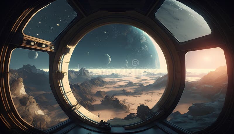 Window View of Space and Planets from a Space Ship. 3D Rendering Stock ...