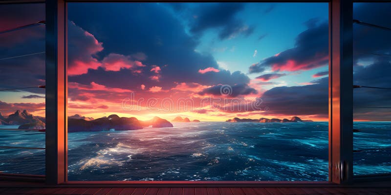 A Window View of a Sunset Over the Ocean.Window View from Ship Window ...