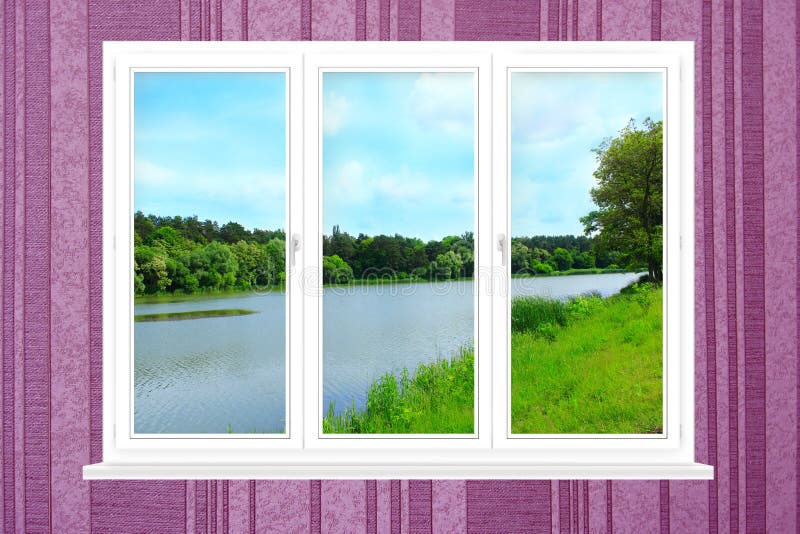 Window with View To Summer Landscape with Forest and Lake Stock Image ...