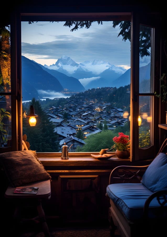 A Window with a View of a Town and Mountains.Window View from Home ...