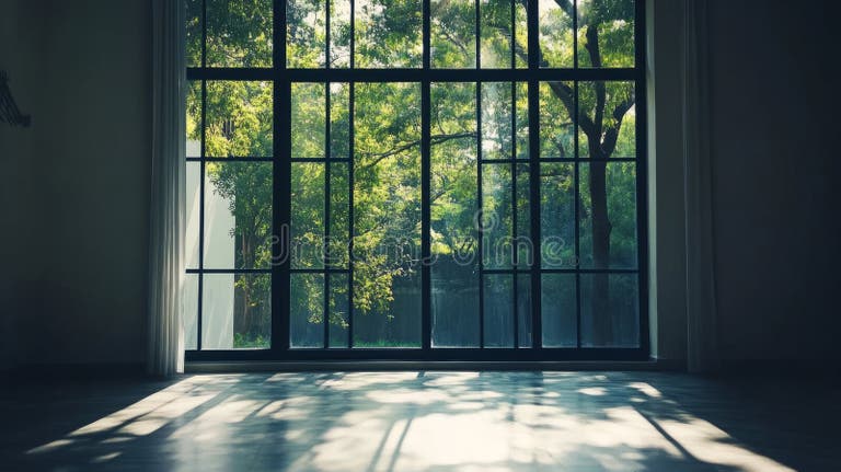 A Window with a View of Trees and a White Curtain Stock Illustration ...
