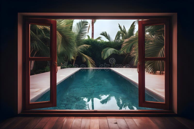 Window View of Tropical Garden with Swimming Pool, Generative AI 1 ...