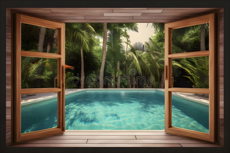 Window View of Tropical Garden with Swimming Pool, Generative AI 3 ...