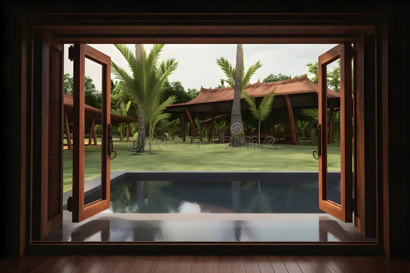 Window View of Tropical Garden with Swimming Pool, Generative AI Stock ...
