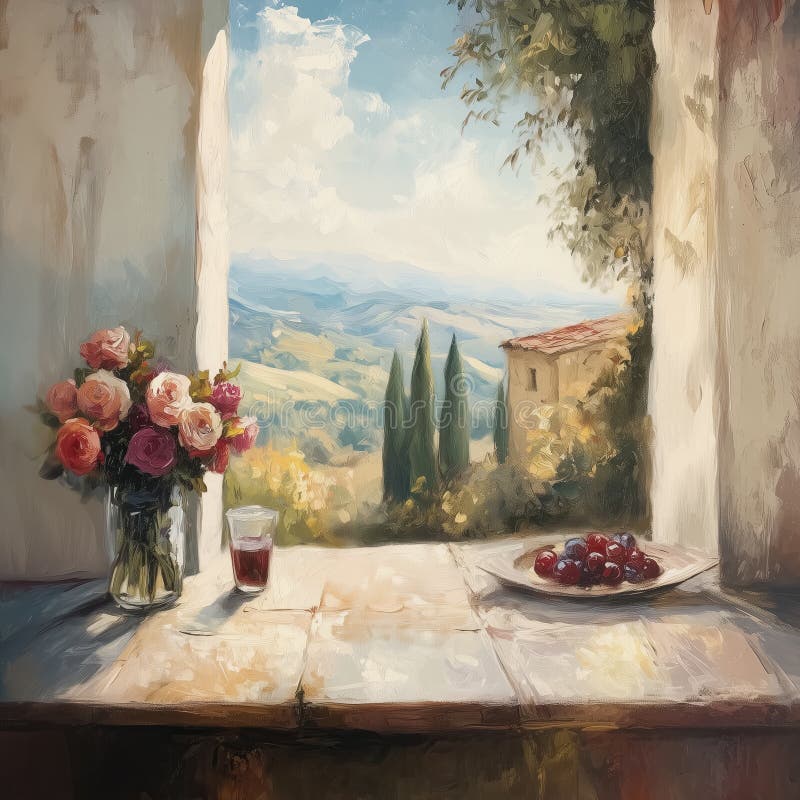 Window view of the Tuscany stock illustration. Illustration of summer ...