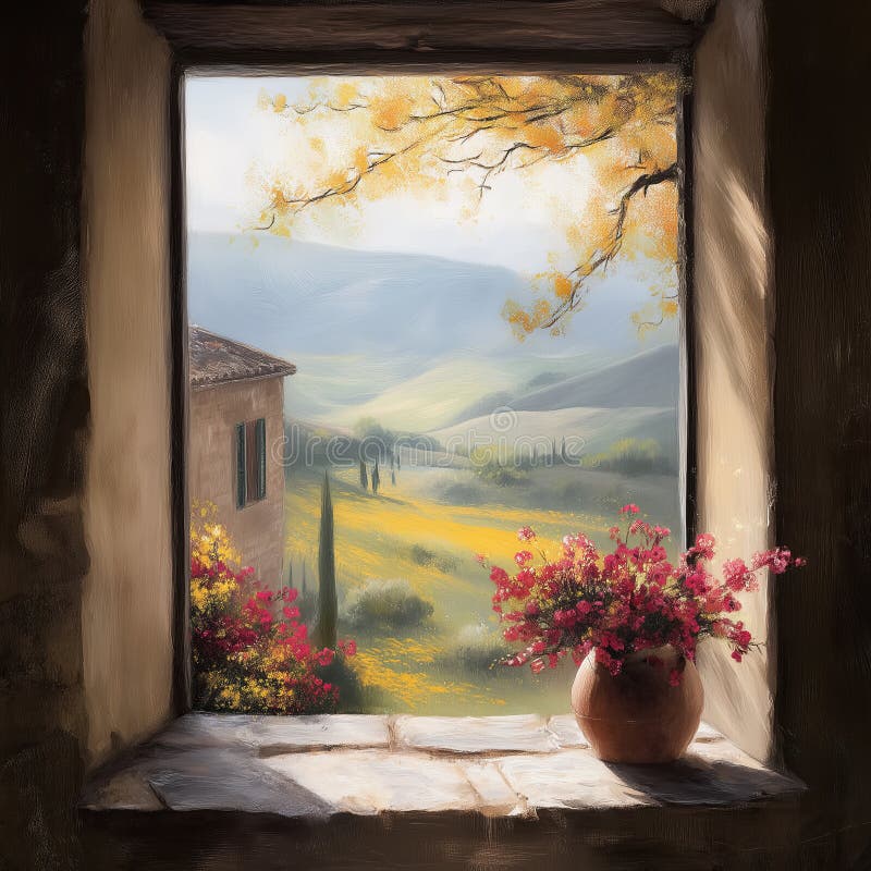 Window view of the Tuscany stock illustration. Illustration of artwork ...