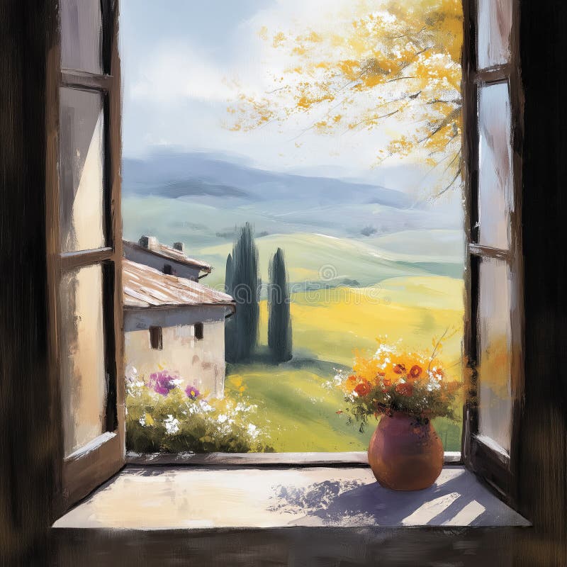 Window view of the Tuscany stock illustration. Illustration of color ...