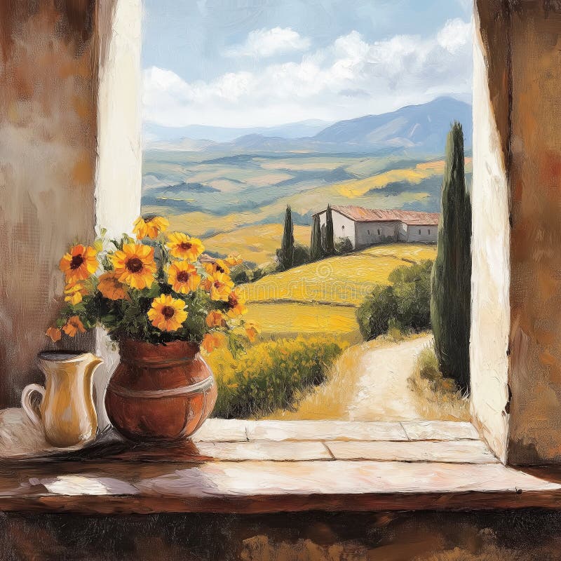 Window view of the Tuscany stock illustration. Illustration of colour ...