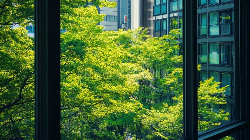 A Window with a Vista of Green Trees and Urban Architecture Stock Image ...