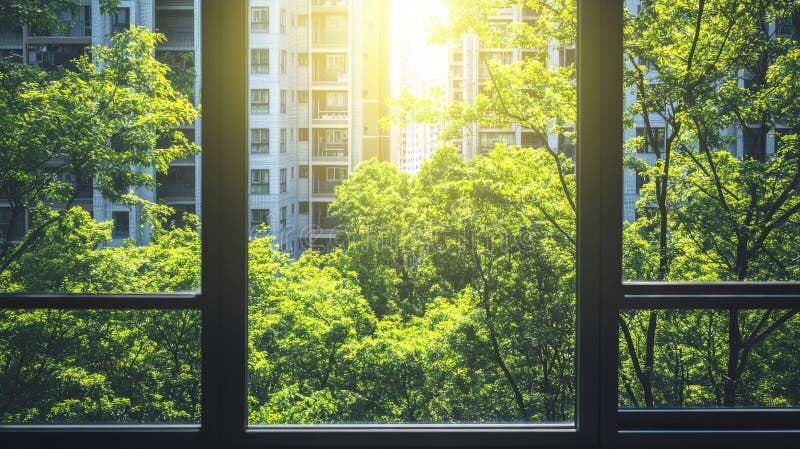 A Window with a Vista of Leafy Trees and Buildings. Stock Photo - Image ...