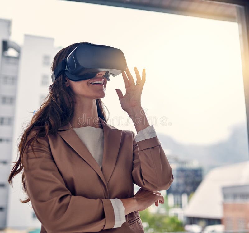Window, Vr Headset and Futuristic for Woman with Smile, Online and ...