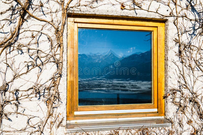 Window on a Wall Decorated with Branches Stock Image - Image of branch ...