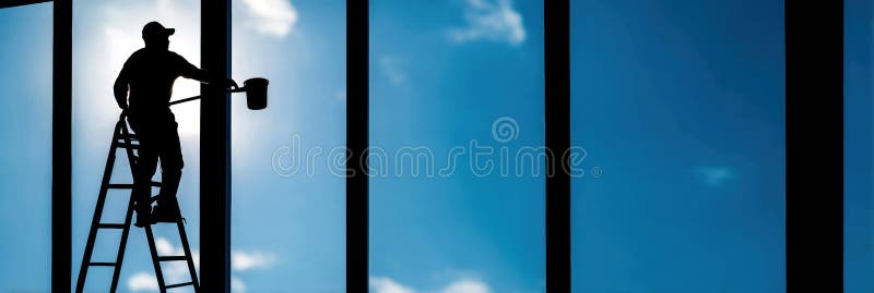 Window Washer Using a Ladder To Clean Large Windows Against a Bright ...
