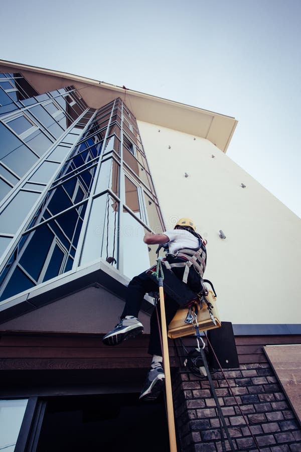 Window Washer Working at Building Outdoor Stock Image - Image of ...