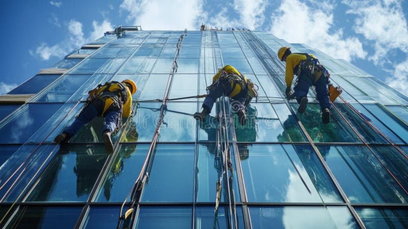 Window Washers Cleaning the Glass Facade of a Modern High-Rise Building ...
