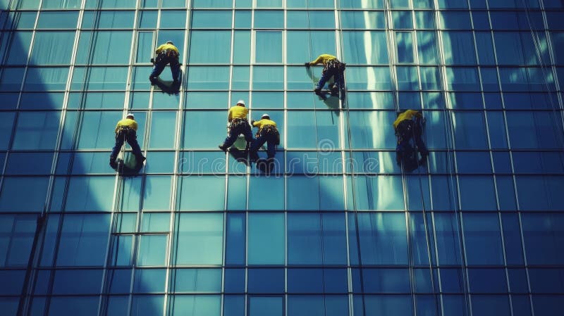Window Washers Cleaning a Tall Modern Glass Building Stock Illustration ...