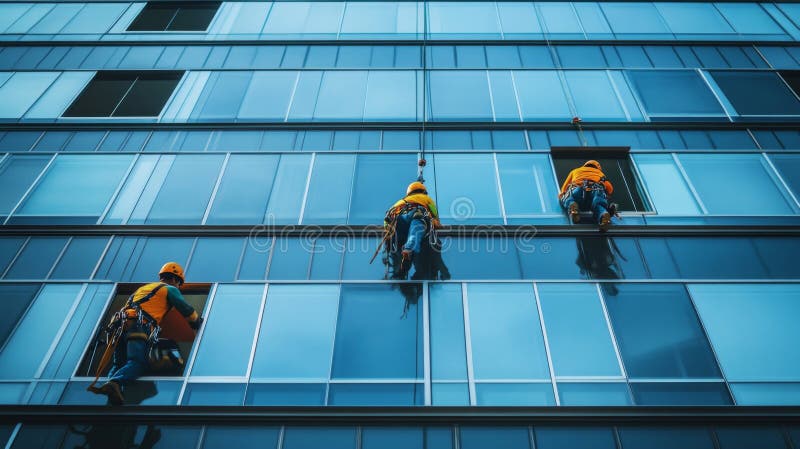 Window Washers Hanging from Ropes on a Modern Building Stock ...